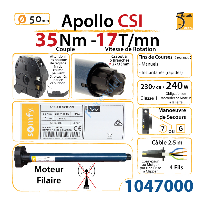 Somfy 1047000 Moteur Somfy Apollo Csi 35/17 LT 50 Avec Mds