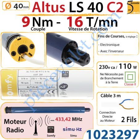 Somfy 1023297 Moteur Altus C2 9/16 Rts Sans Carré LS 40 sans Mds Double ...