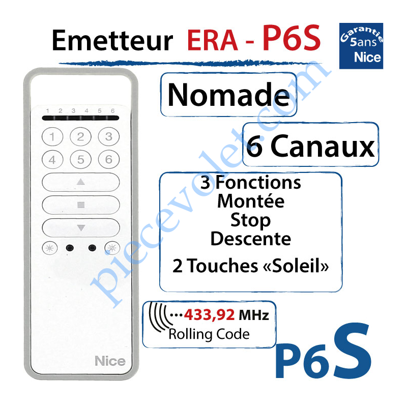 Nice P6S Emetteur Era-P6S Nomade 3 Fonctions et 2 Touches Soleil 6 Canaux 433,92MHz Rolling Code ...