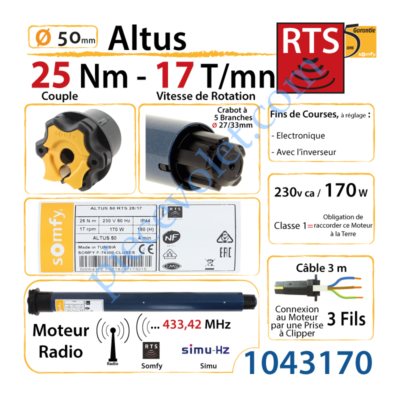 Somfy 1043170 Moteur Somfy Altus Rts 25/17 LT 50